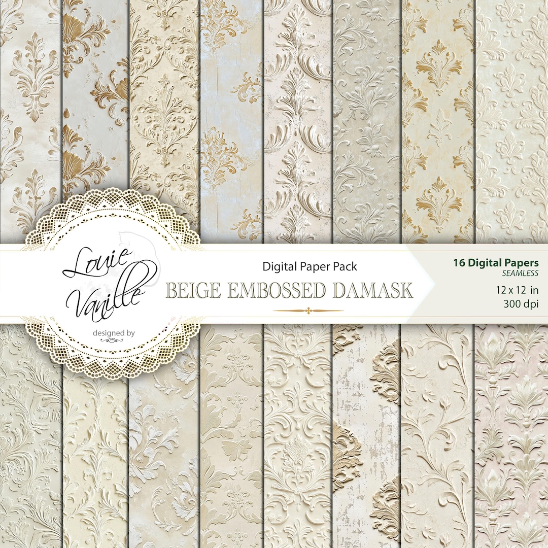 Embossed Damask Beige Digital Paper Pack, SEAMLESS Distressed Paper ...