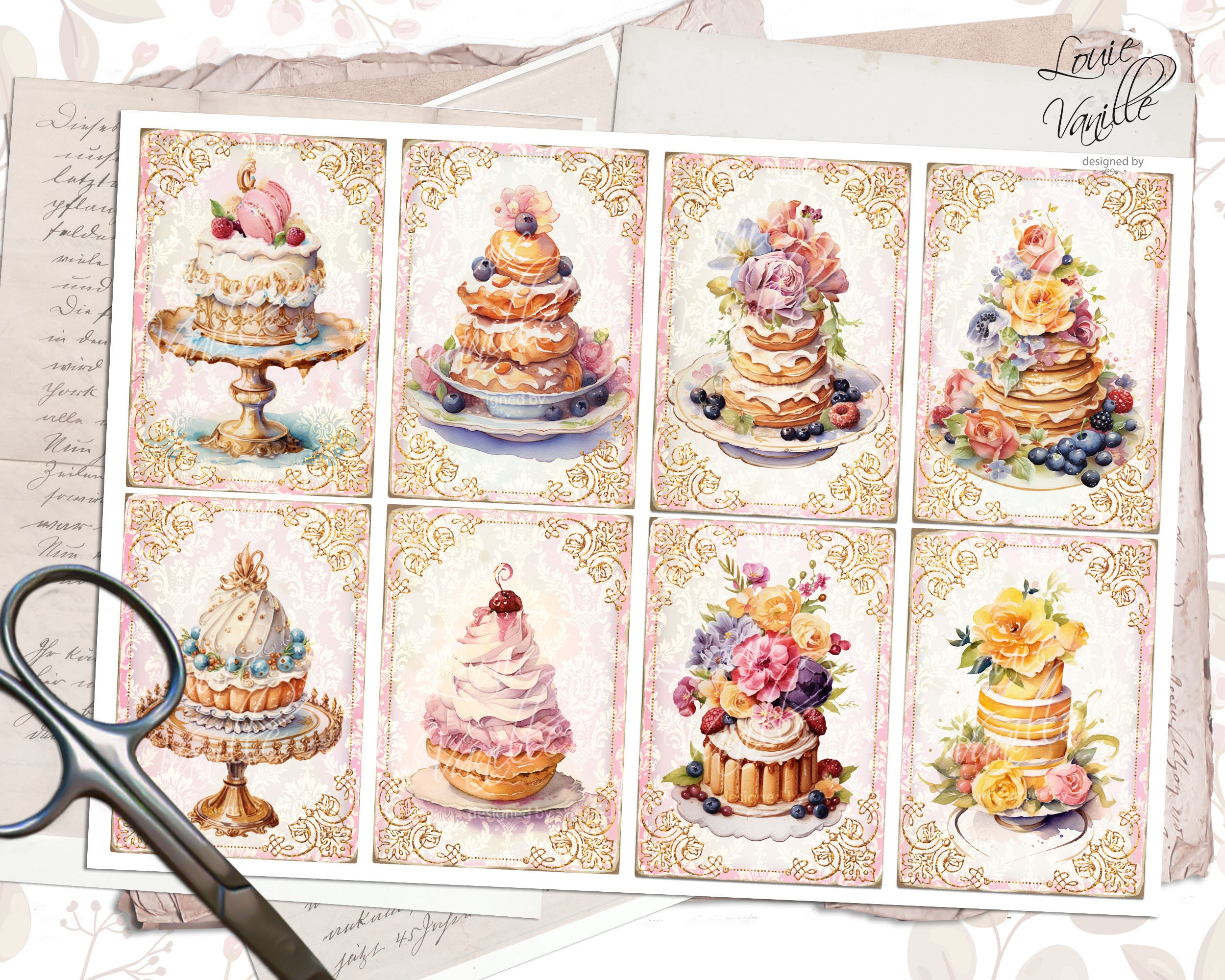 French Patisserie Printable Cards, Dessert Vintage Printable Papers ...