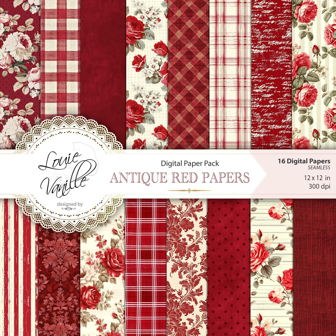 Antique Red Digital Paper Pack: Seamless Shabby Chic Backgrounds ...