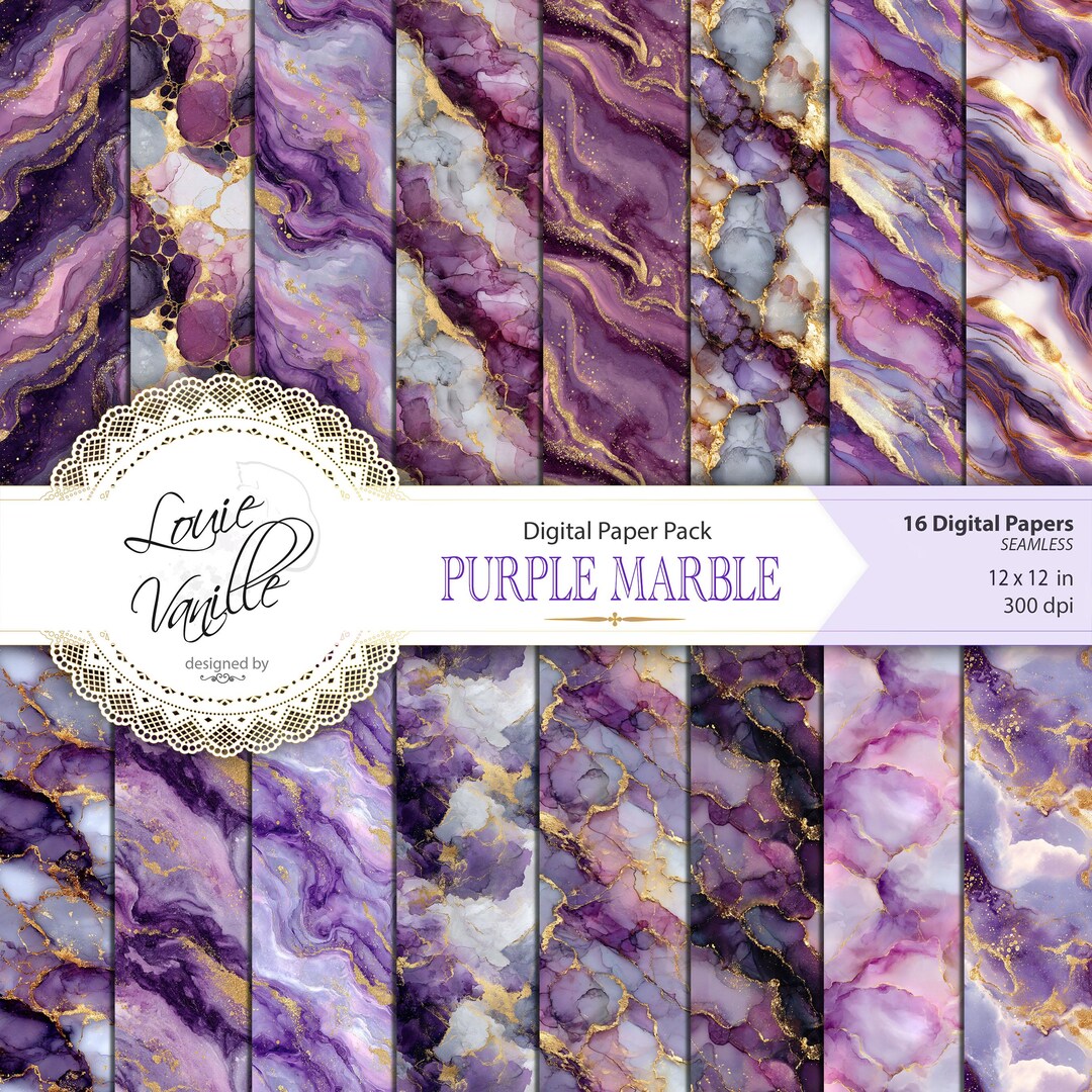 Purple and Gold Marble Digital Paper: Golden Glitter Marble Print ...