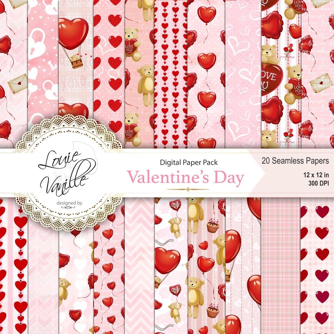 Valentines Day SEAMLESS Digital Paper, Romantic Teddy Bear Scrapbook ...