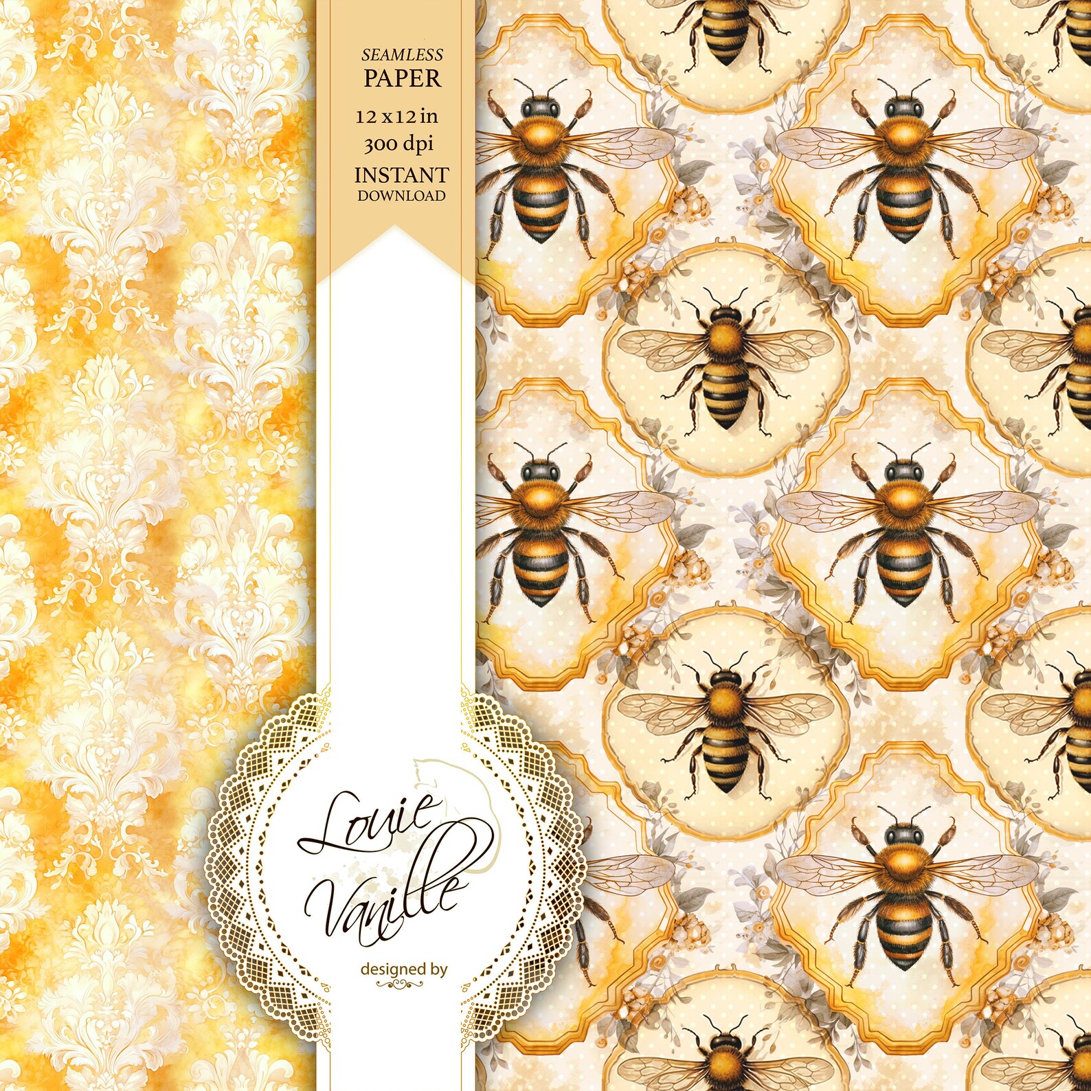Honey Bee Digital Paper SEAMLESS, Spring Vintage Papers, Scrapbooking ...