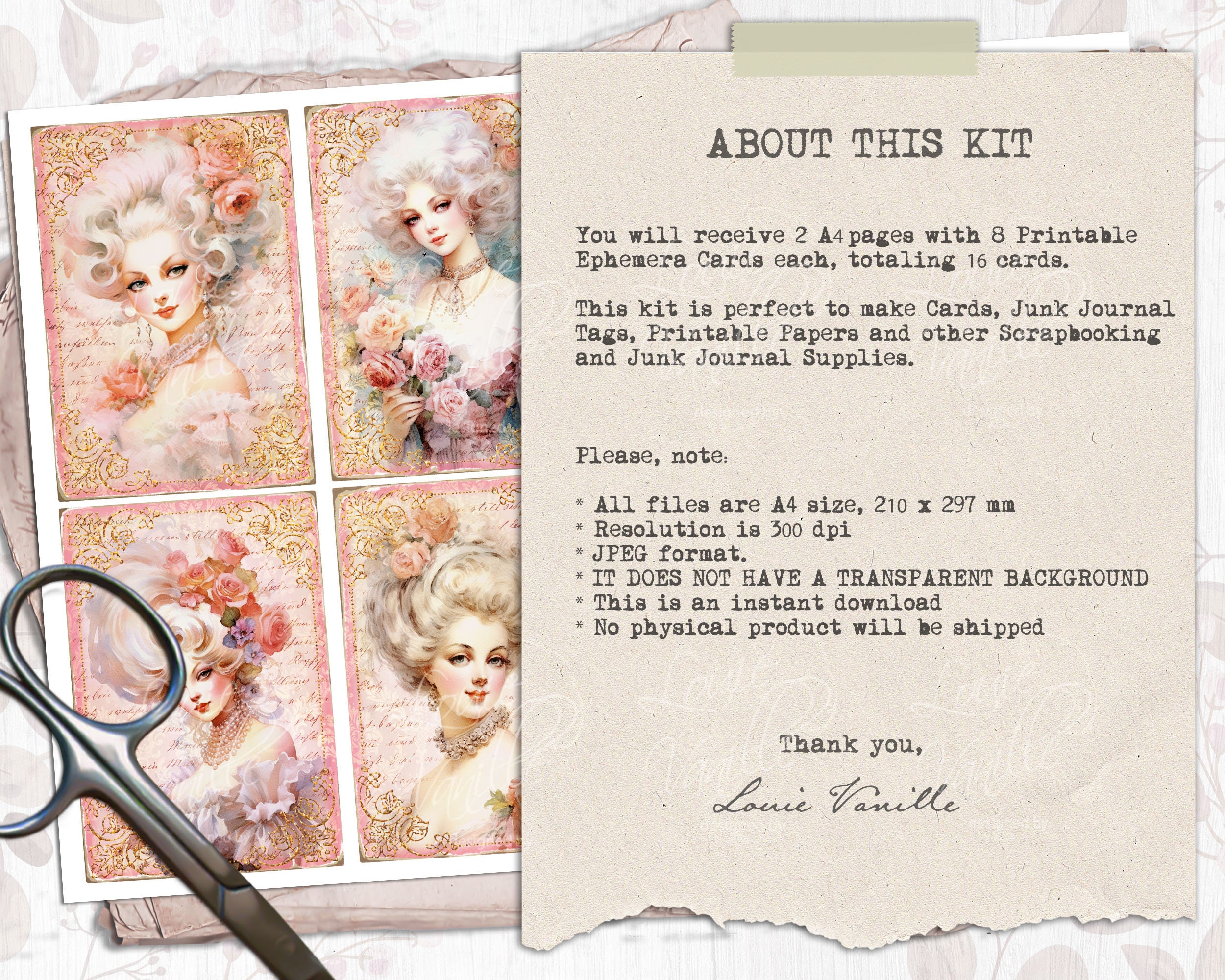 Marie Antoinette Scrapbooking Ephemera, French Ladies Printable Cards ...