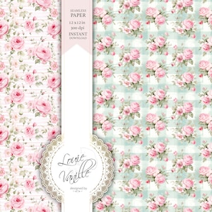 Vintage Spring Digital Paper Roses Pink Mint Green Floral SEAMLESS ...