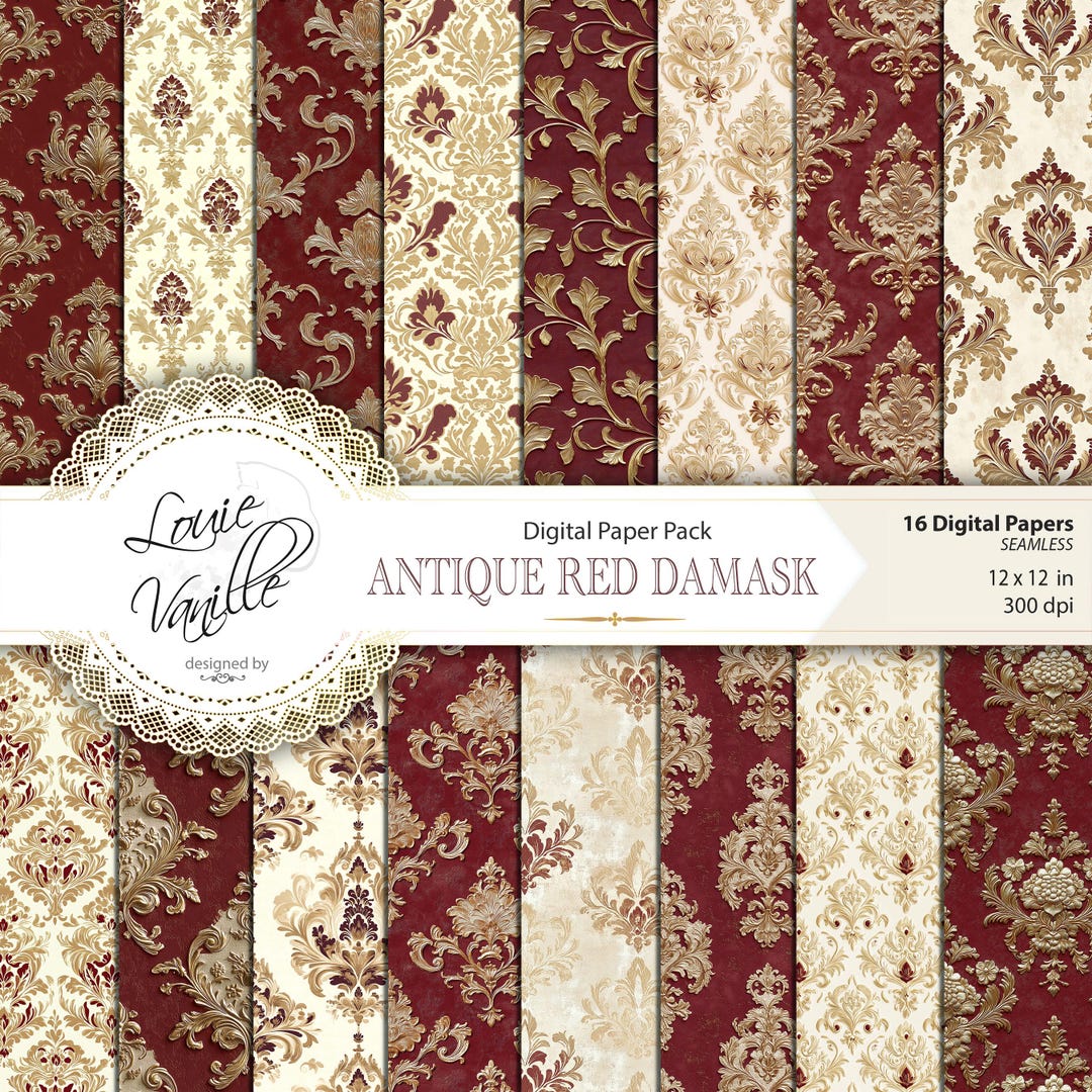 Vintage Red and Gold Damask Digital Paper Pack, Seamless Elegant ...