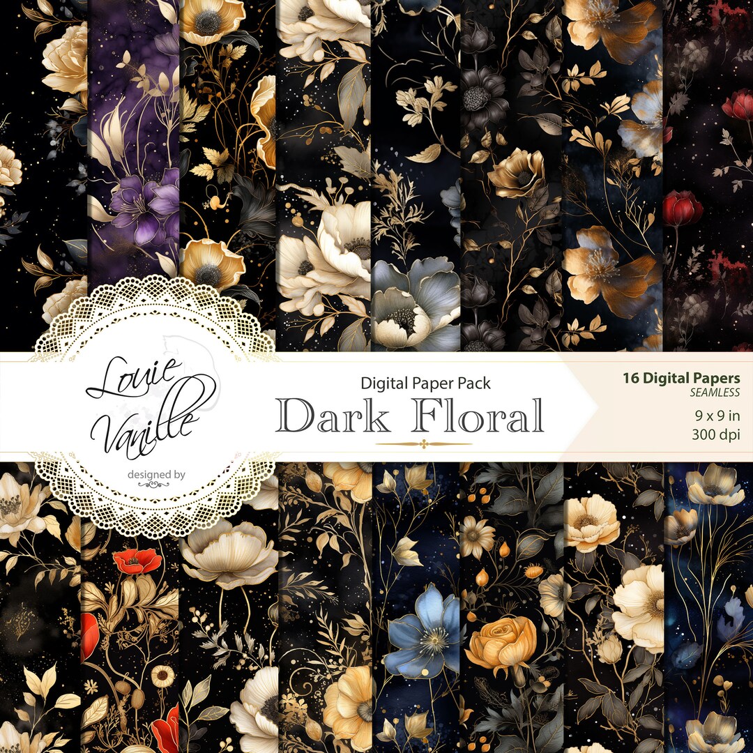 Dark Floral Digital Paper Pack, Gothic SEAMLESS Background Paper Set ...