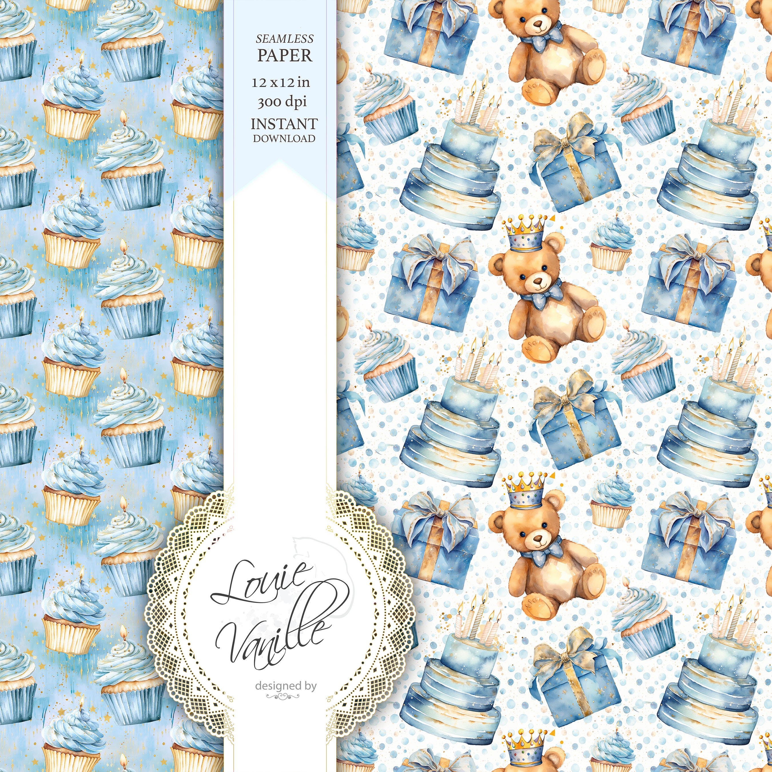 Blue Birthday Party Digital Paper SEAMLESS, Blue and Gold, Birthday ...