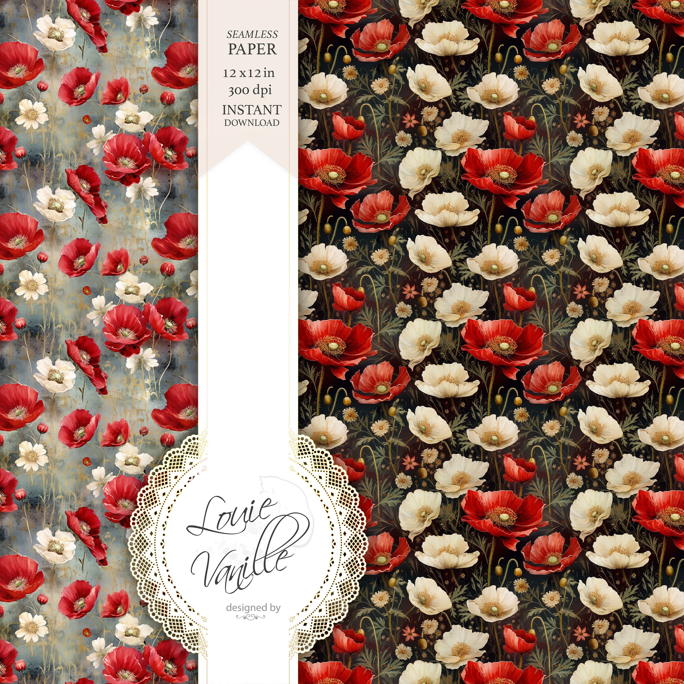 Red Poppies Digital Paper Pack, SEAMLESS Floral Background Paper Set ...