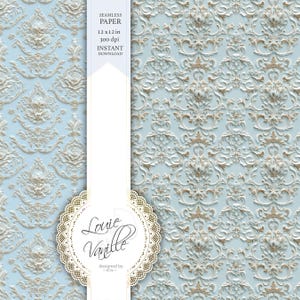 Embossed Damask Blue Digital Paper Pack, SEAMLESS Distressed Paper ...