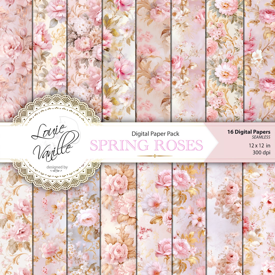 Scrapbooking Vintage Roses Digital Paper Pink Floral SEAMLESS Pattern ...