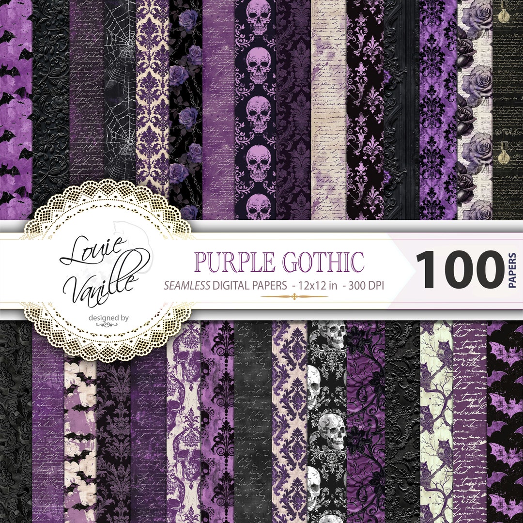 Gothic Halloween Digital Paper Pack: Black & Purple, 100 Seamless ...