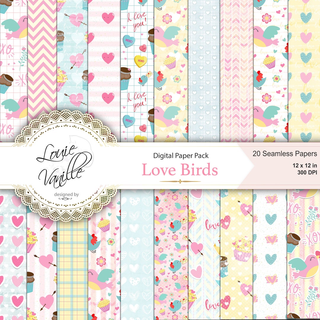 Valentines Day SEAMLESS Digital Paper, Love Birds Scrapbook Sheet, 20 ...