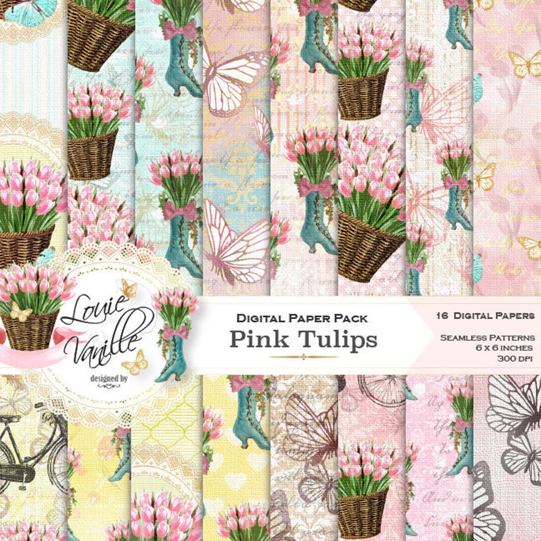 Pink Tulips Digital Paper Pack Tulips Burlap Digital Paper - Etsy