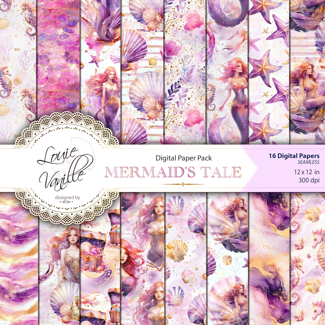 Mermaid SEAMLESS Digital Paper Pack, Siren Background Paper Set ...