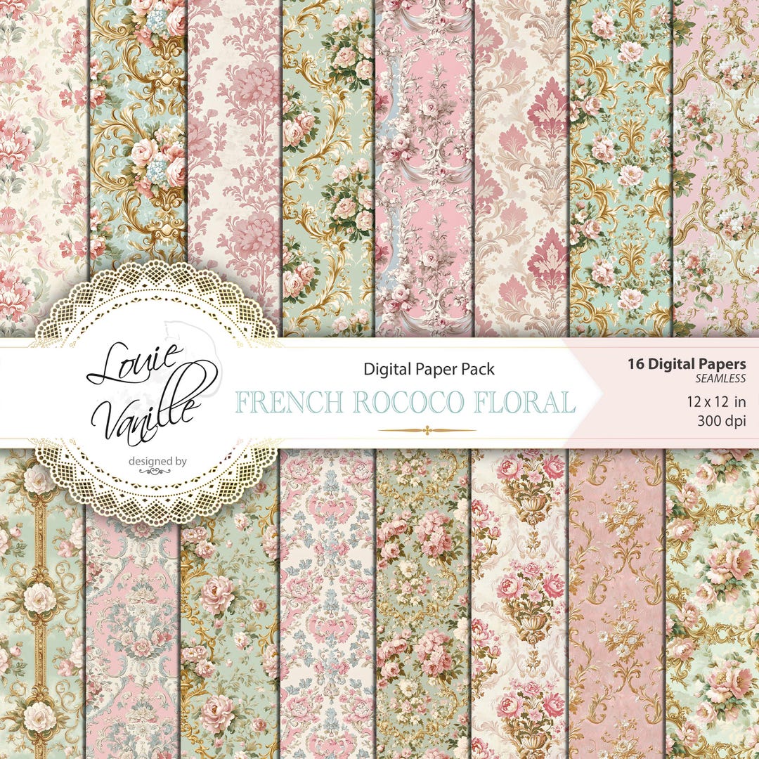 French Rococo Floral Digital Paper Pack, SEAMLESS Distressed Paper ...