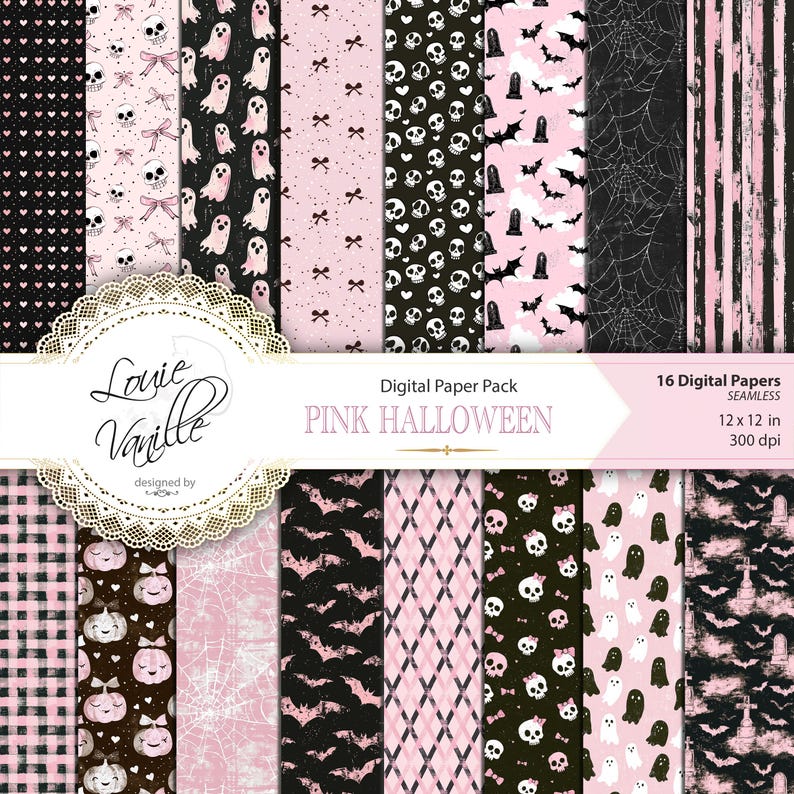 Pink Halloween Digital Paper Pack: Distressed Seamless Patterns (12" X ...