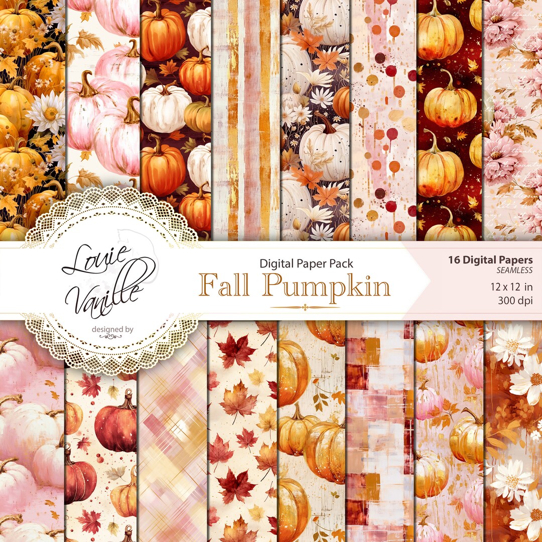 Autumn Pumpkin Digital Paper Pack, Pink Fall SEAMLESS Background Paper ...