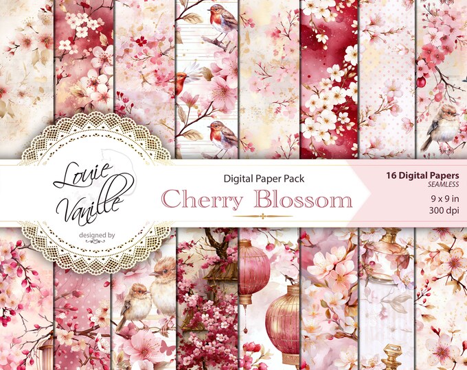 Cherry Blossom Digital Paper Pack: Seamless Floral Scrapbooking ...