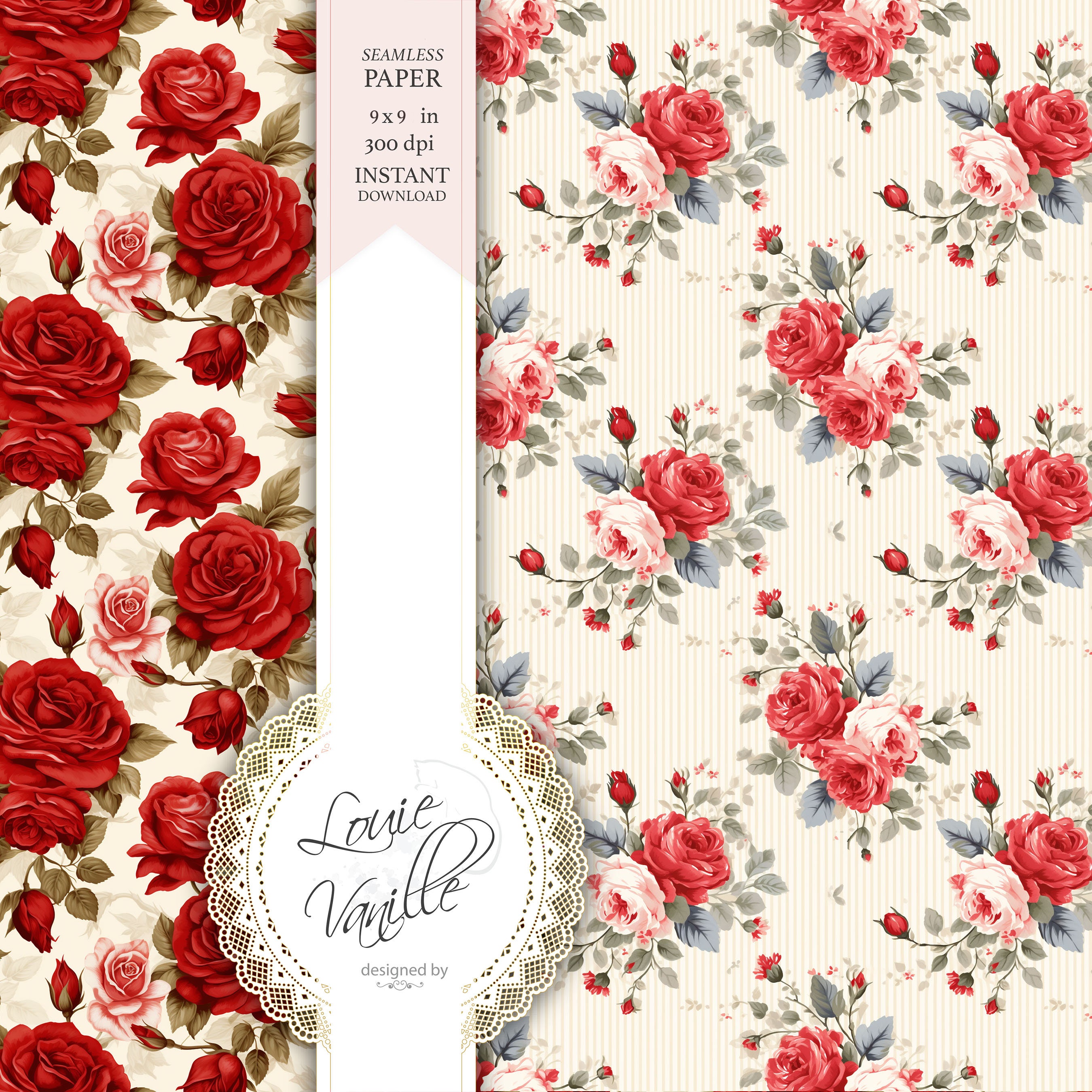 Red Roses Digital Paper Pack: Seamless Vintage Backgrounds (digital ...
