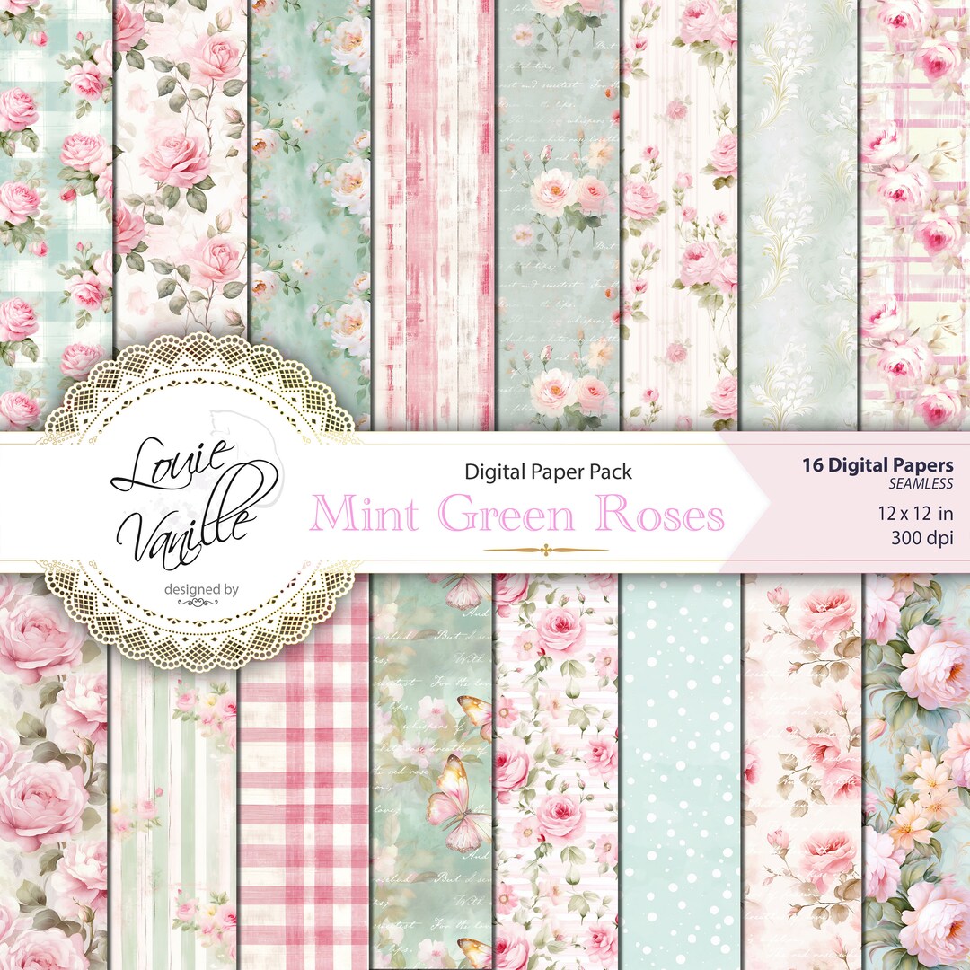 Vintage Spring Digital Paper Roses Pink Mint Green Floral SEAMLESS ...