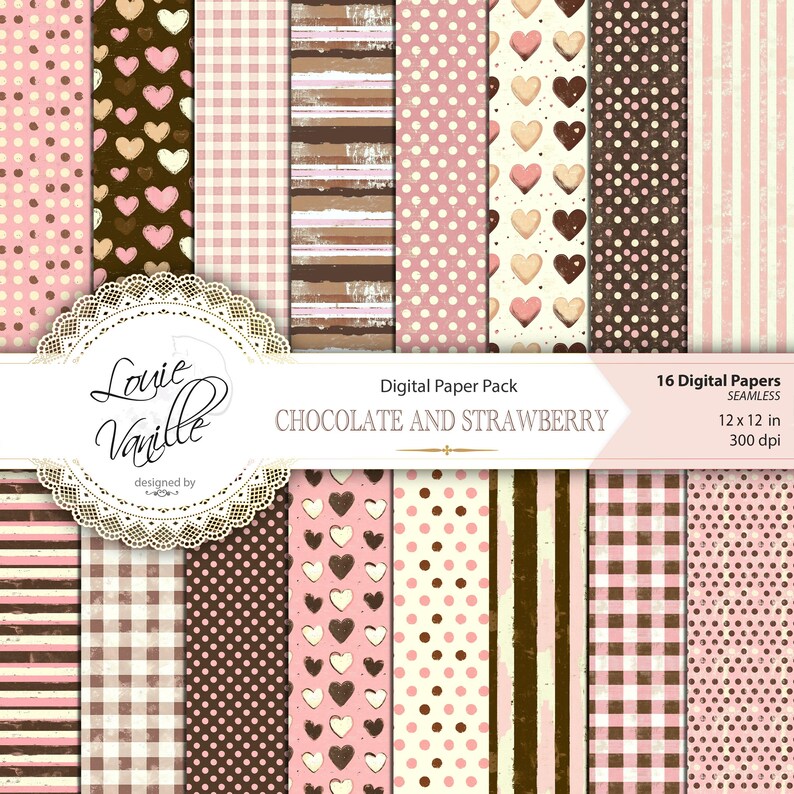 Chocolate Strawberry Digital Paper Pack, Vintage Scrapbook Patterns ...