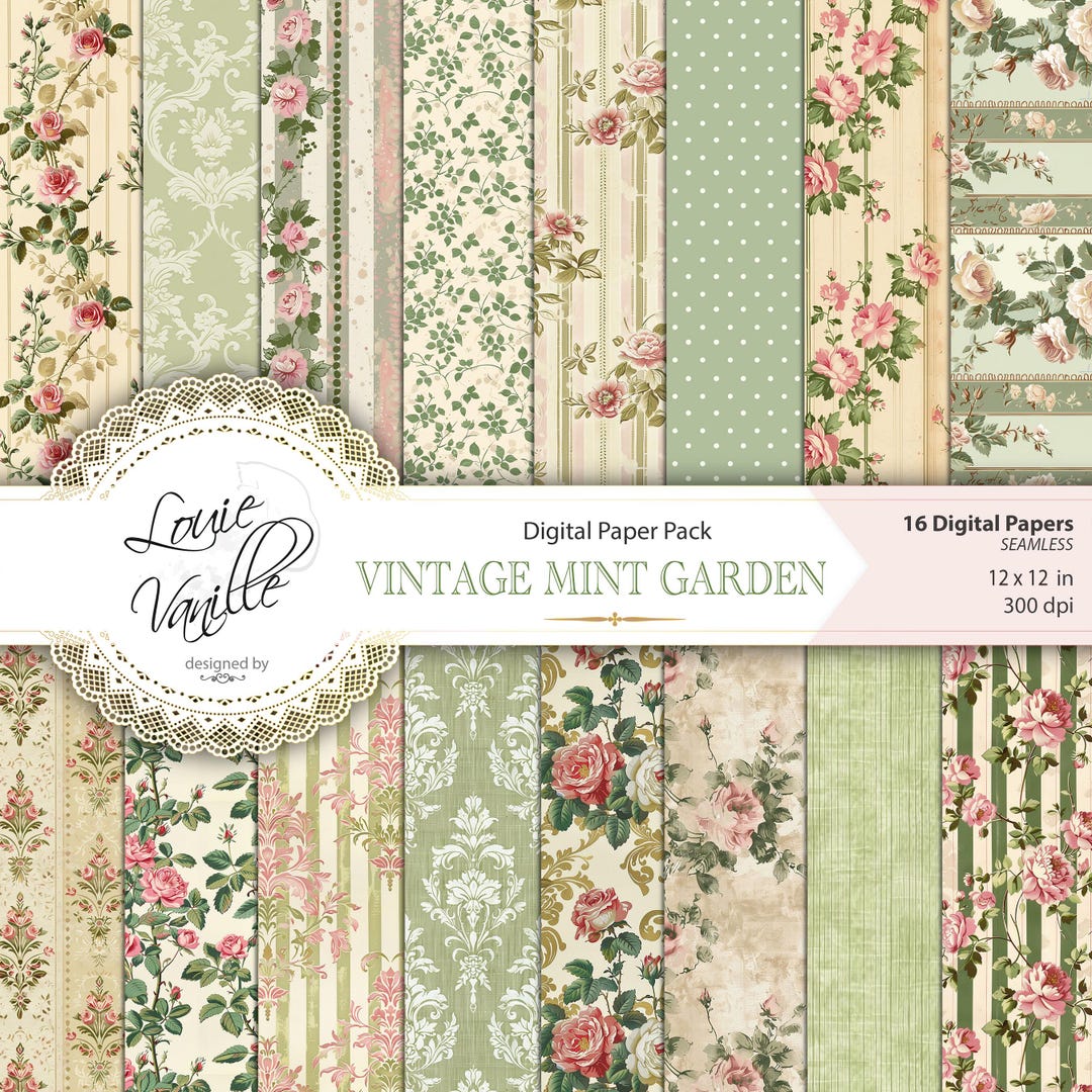 Vintage Pink and Mint Green Floral Digital Paper Pack, Antique SEAMLESS ...