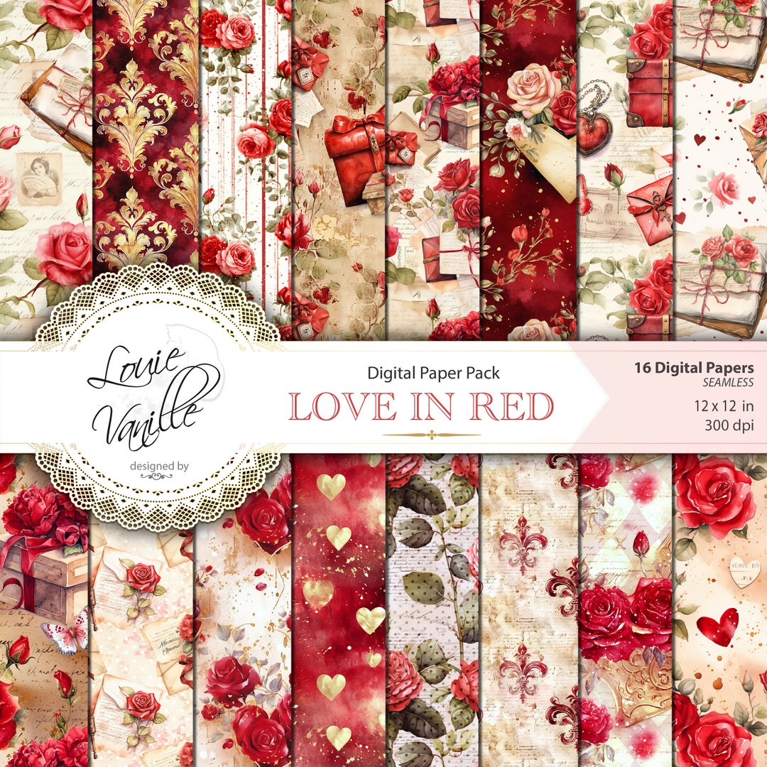 Romantic Digital Paper Vintage SEAMLESS, Red Roses Love Letter Vintage ...