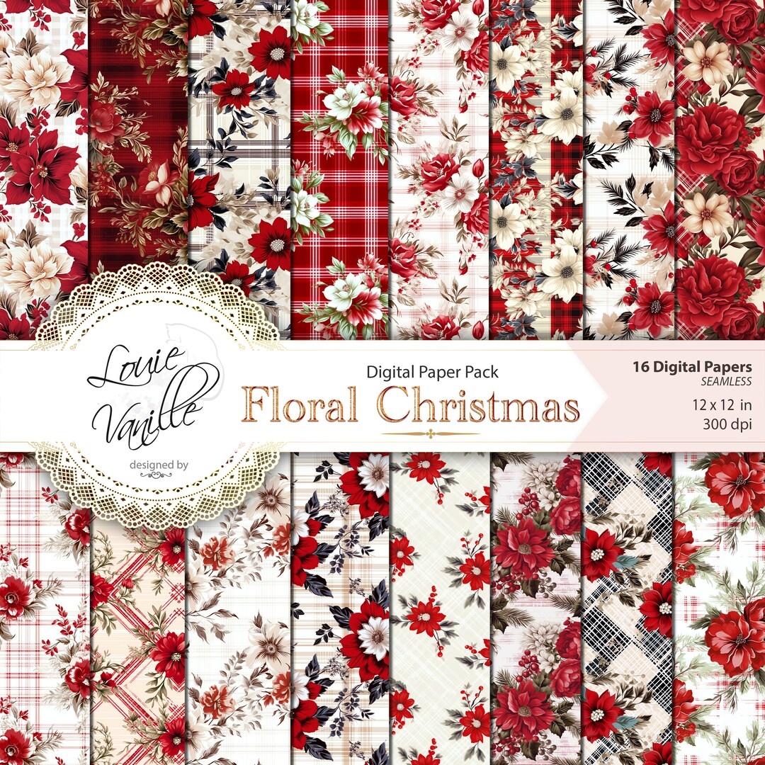 Christmas Floral SEAMLESS Digital Paper, Scrapbooking Supplies, Plaid ...
