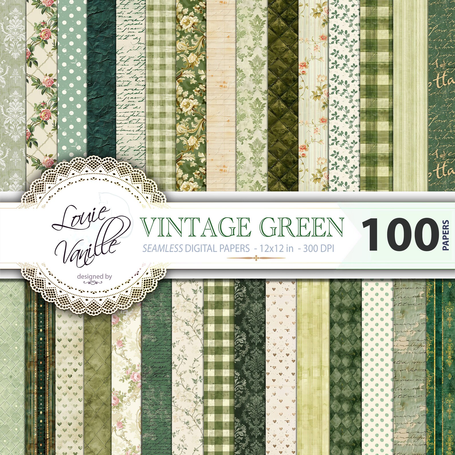Vintage Green Digital Paper: 100 Seamless Scrapbook Backgrounds ...