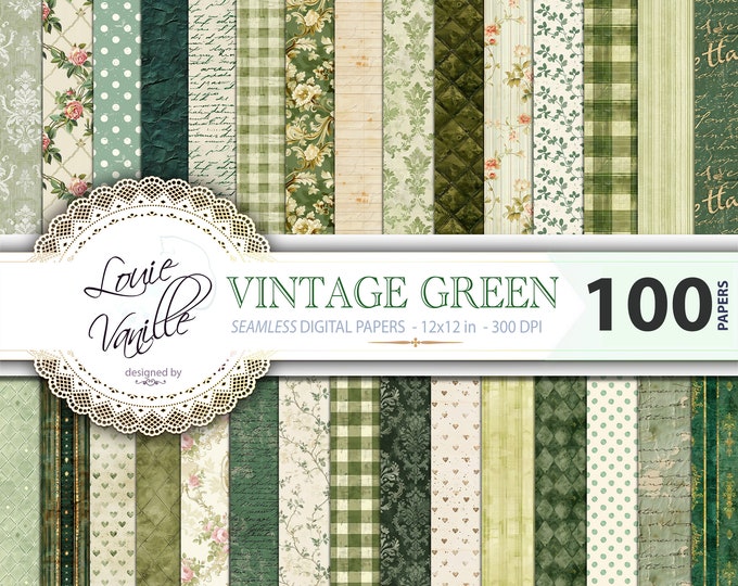 Vintage Green Digital Paper: 100 Seamless Scrapbook Backgrounds ...