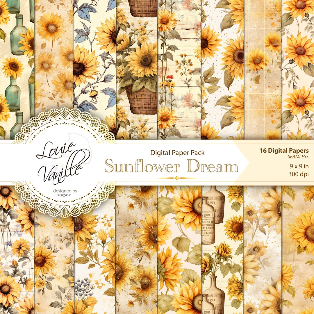 Sunflower Digital Paper Pack, SEAMLESS Vintage Distressed Background ...