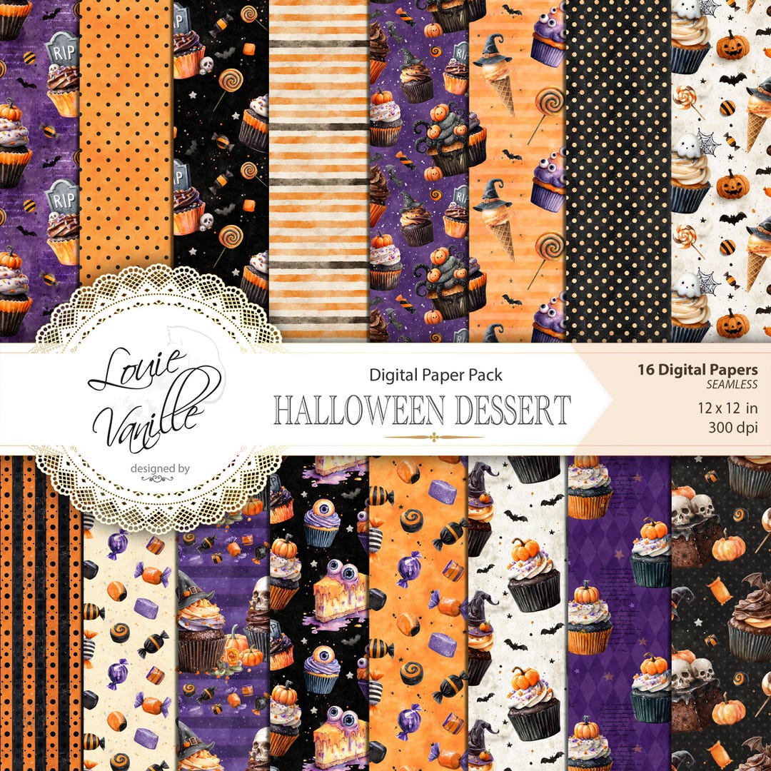 Halloween Dessert Seamless Digital Paper Pack, Halloween Cupcake and ...