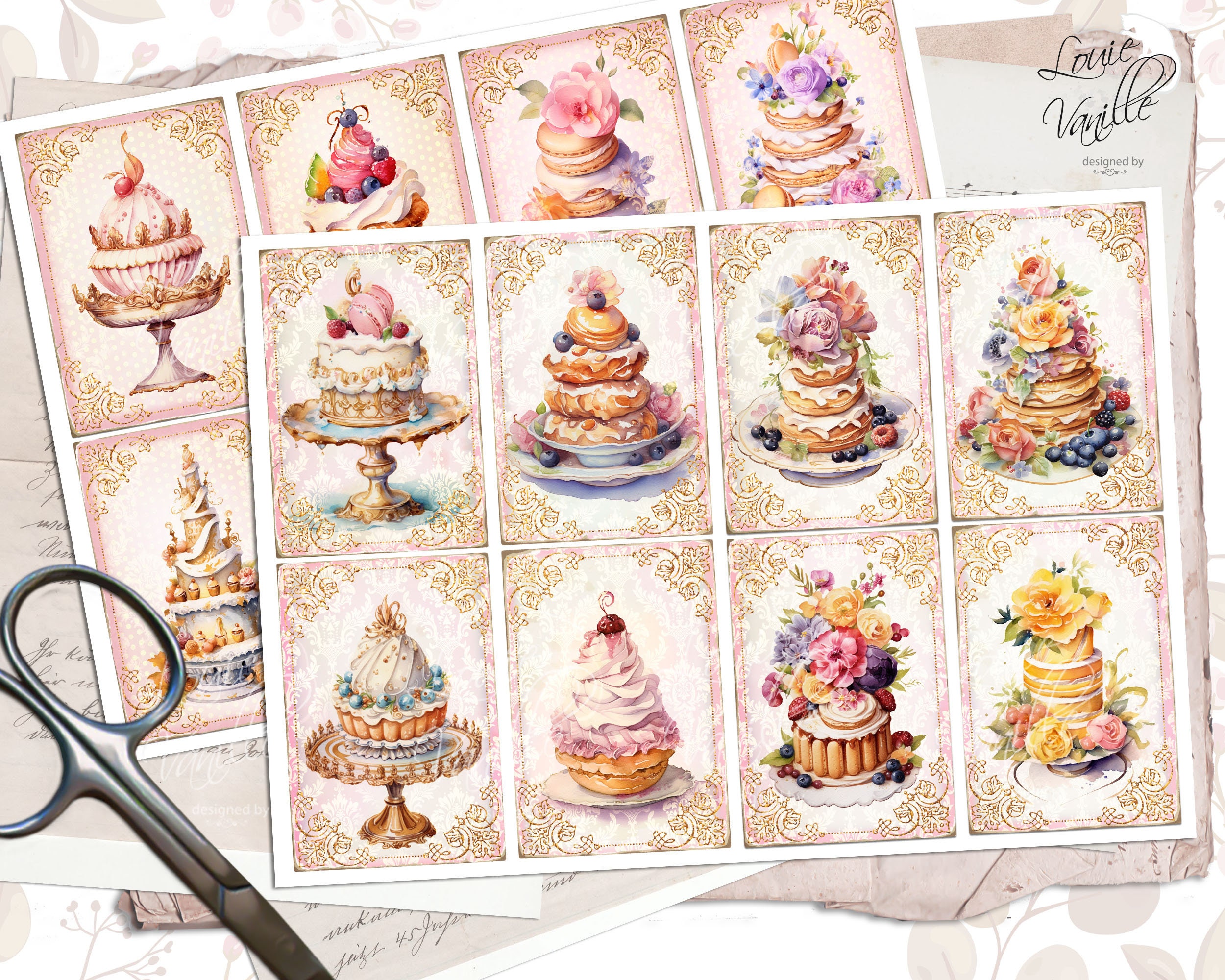 French Patisserie Printable Cards, Dessert Vintage Printable Papers ...