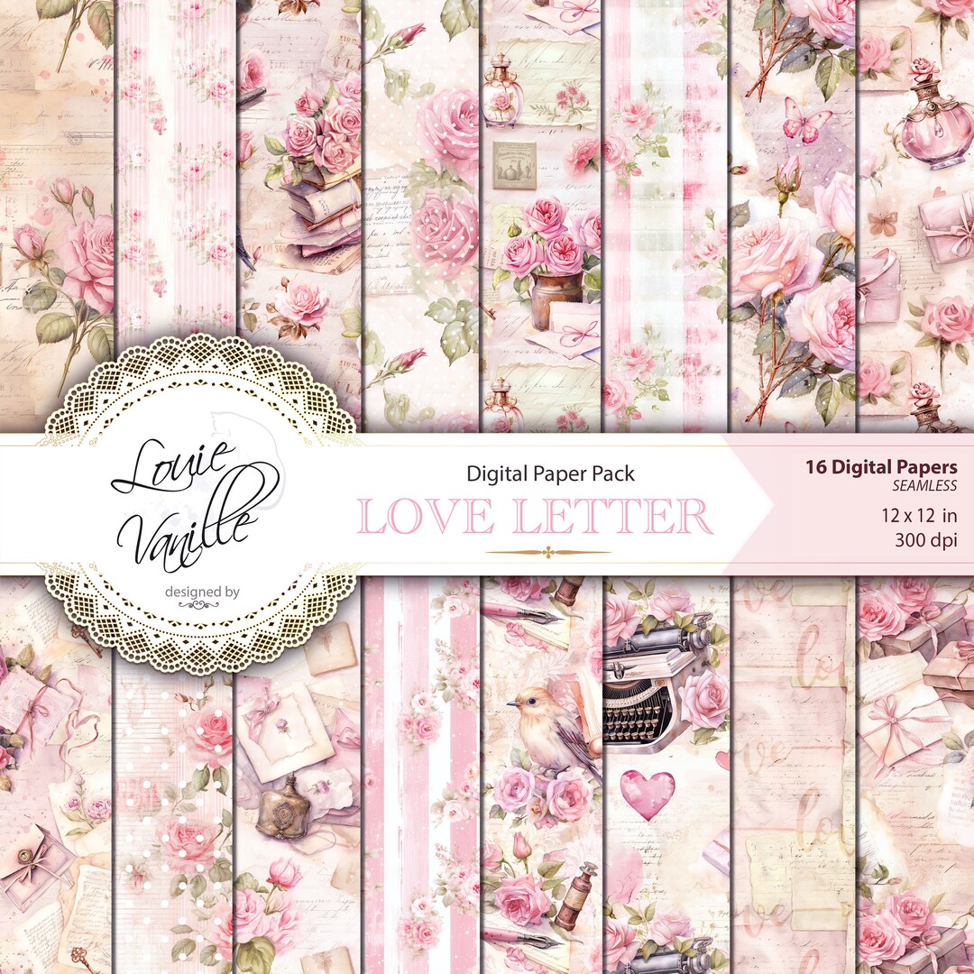 Romantic Love Letter Digital Paper: Vintage Floral, Seamless (digital ...