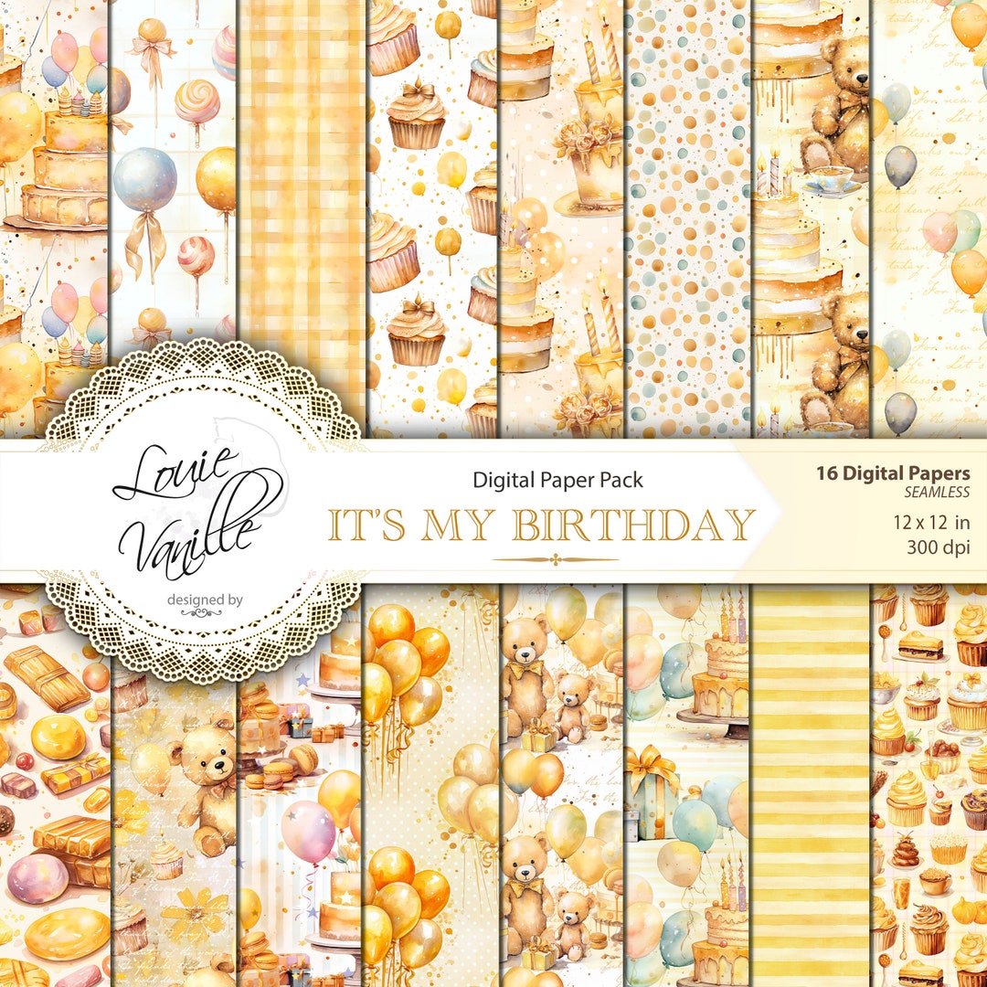 Yellow Birthday Digital Paper: Seamless Vintage Patterns (digital ...