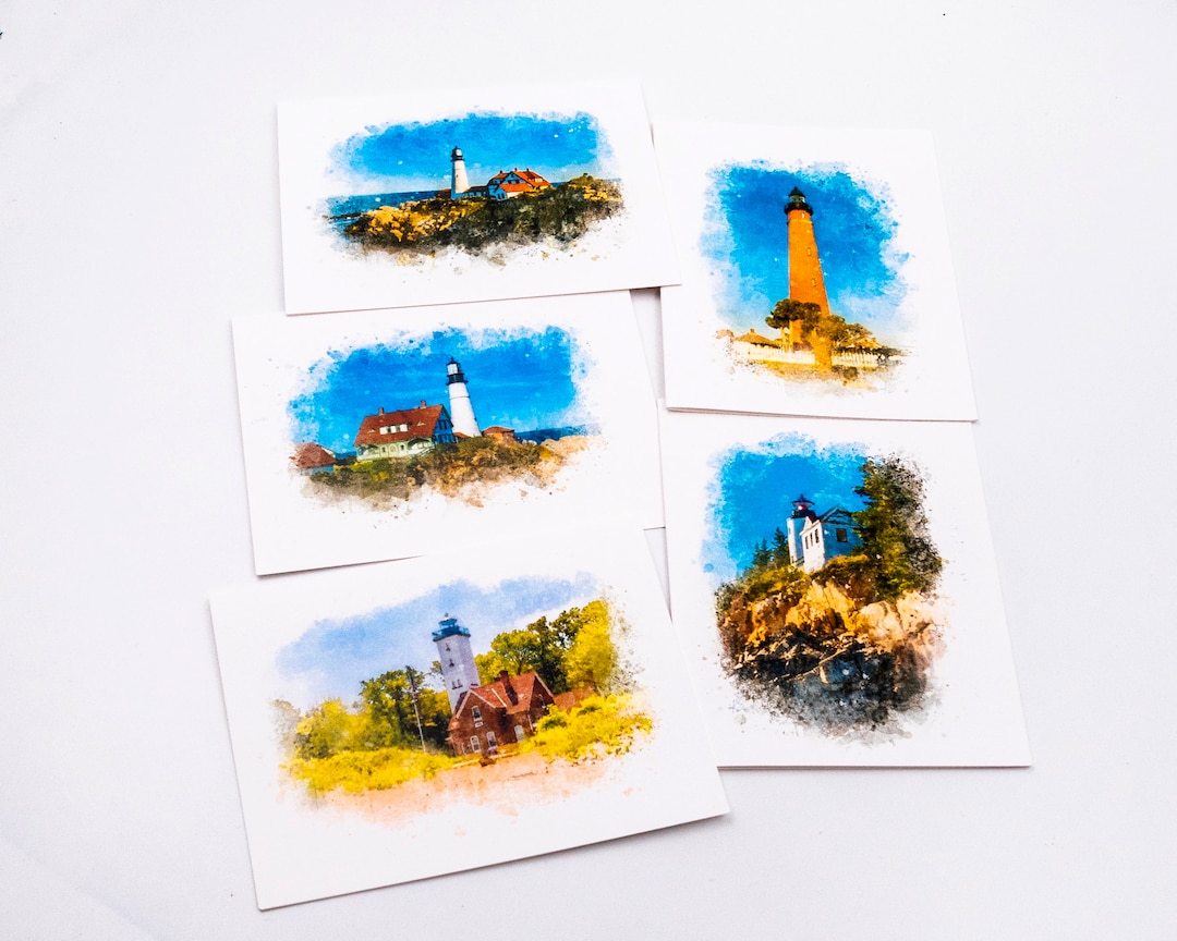 Set of 5 Lighthouse Note Cards - Etsy