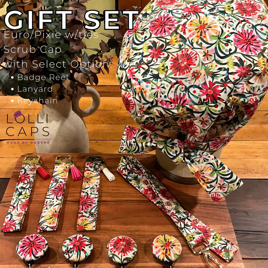 Floral Scrub Cap Gift Set: Euro/pixie Style, Badge Reel, Lanyard ...