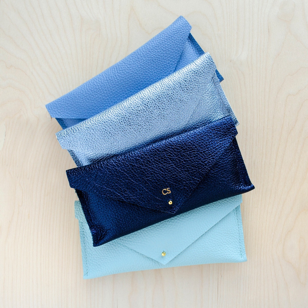 Blue Leather Clutch Purse in Seaglass, Powder Blue, Navy and Metallic ...
