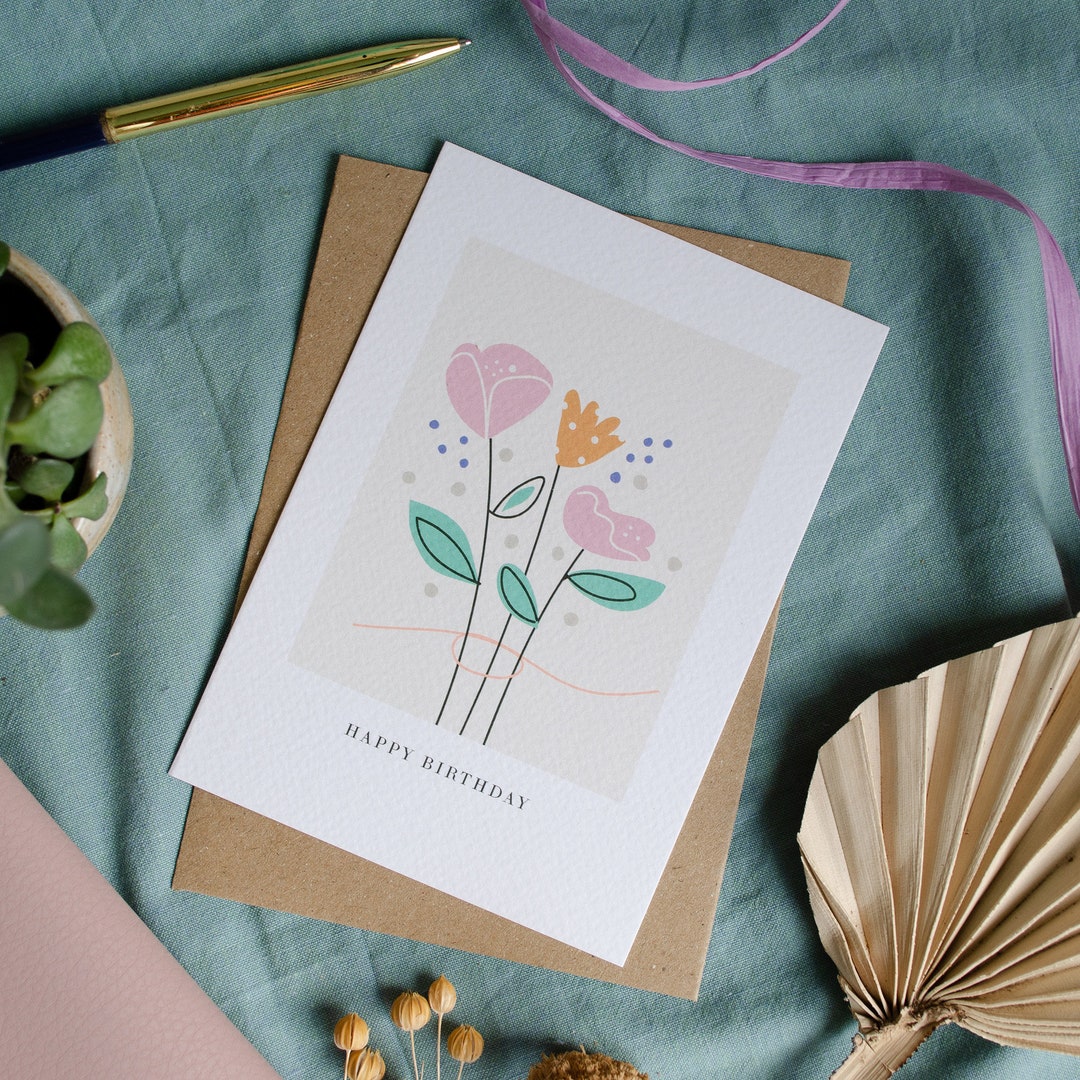 Happy Birthday Greeting Card - Abstract, Minimal, Flowers Art Card - Etsy