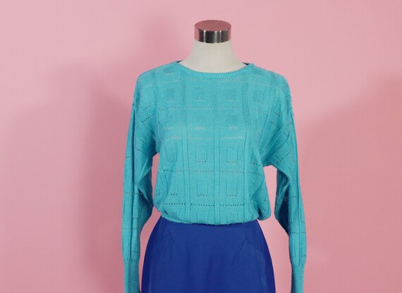 Blue 80s Sweater with Square knit Pattern - Gem