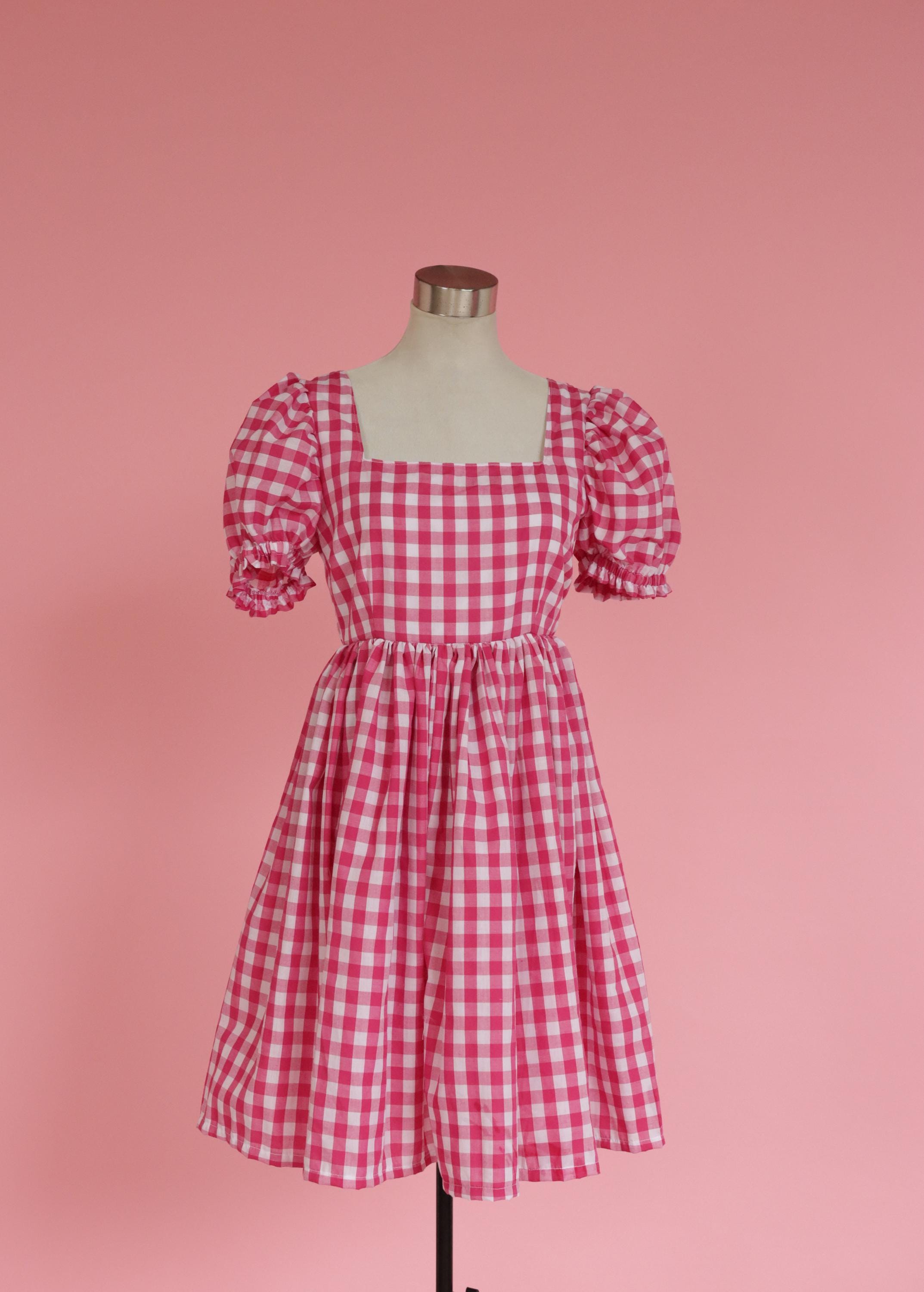 Pink Gingham Picnic Dress – Puff Sleeve Square Neck Cottagecore AU8 - Etsy