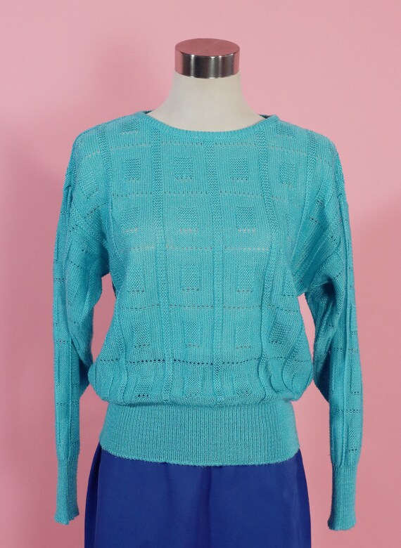 Blue 80s Sweater with Square knit Pattern - Gem