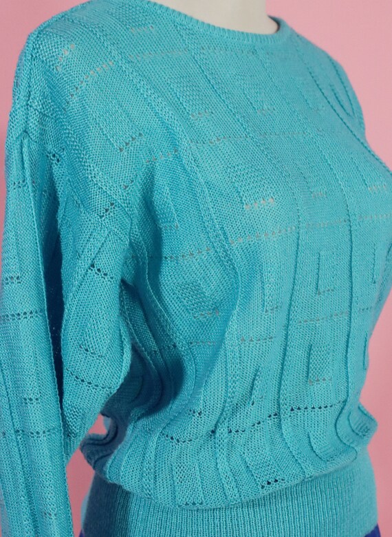 Blue 80s Sweater with Square knit Pattern - Gem