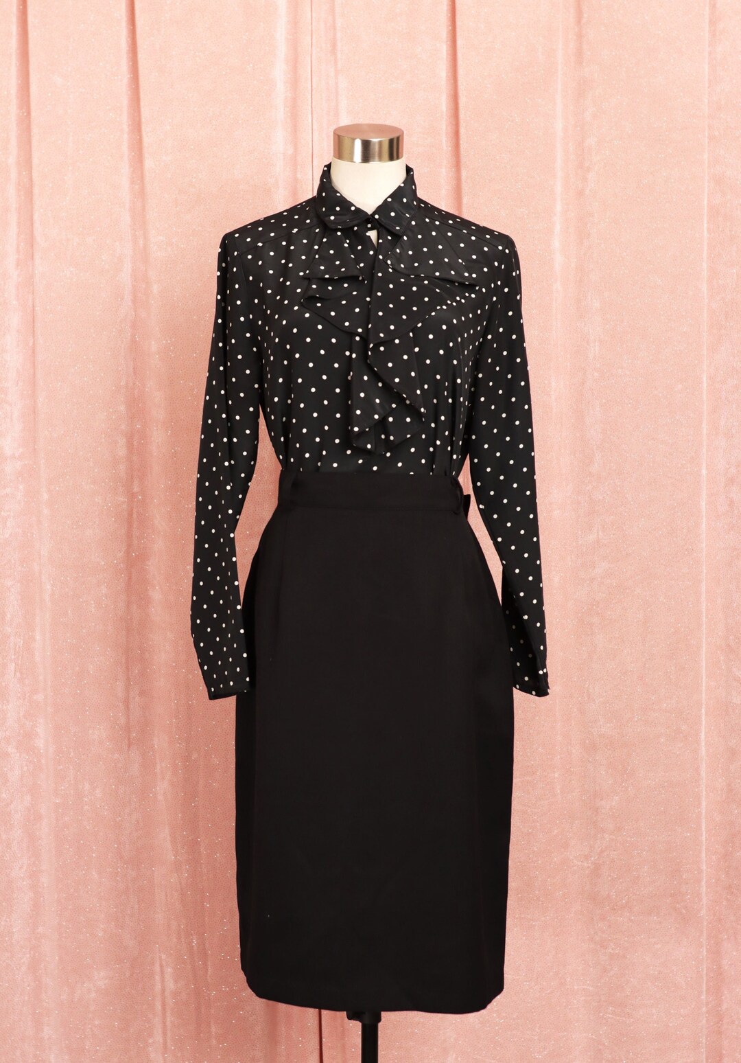 Black and White Polka Dot 80s Frill Neck and Button up Top, Long Sleeve ...