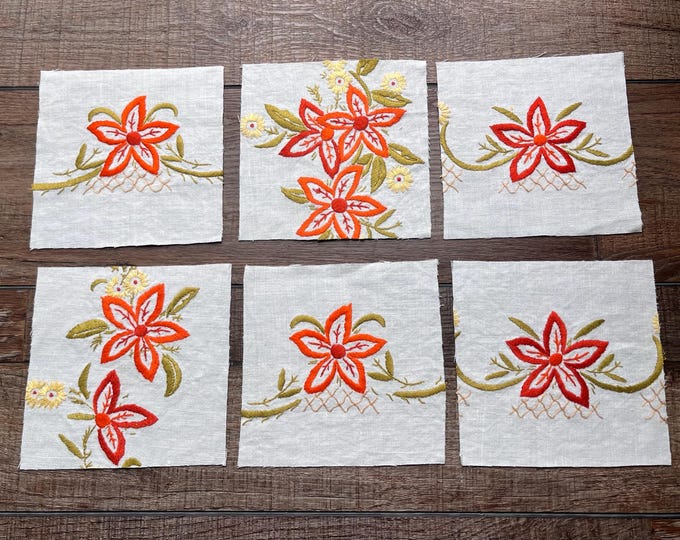 Vintage Embroidered Linen Blocks: Hand-stitched Quilt Squares, Set of 6 ...