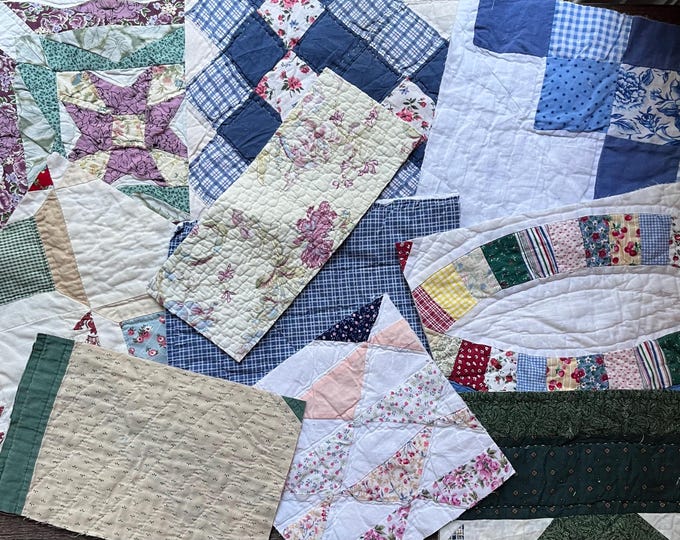 TEN Vintage Quilt Pieces and Fabric Remnants Bundle, Quilted Cotton ...