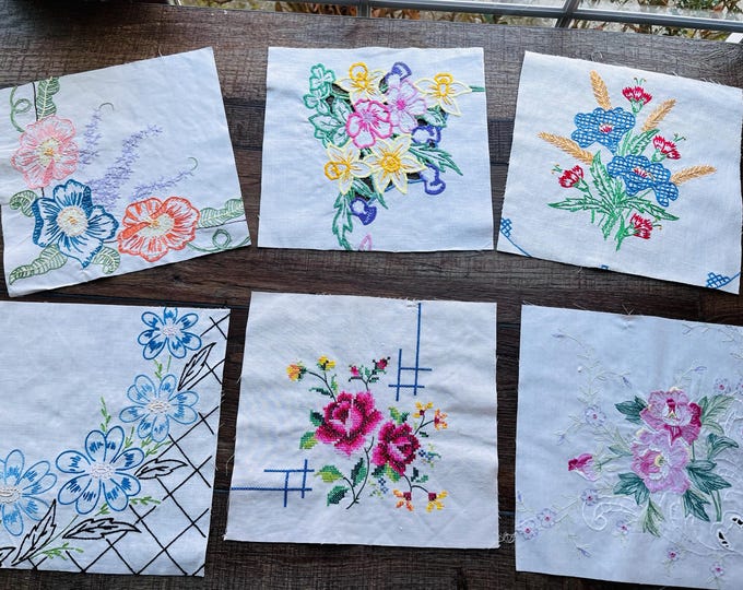 6 Vintage 10" Embroidered Linen Blocks, Piece Hand Embroidery Quilting ...