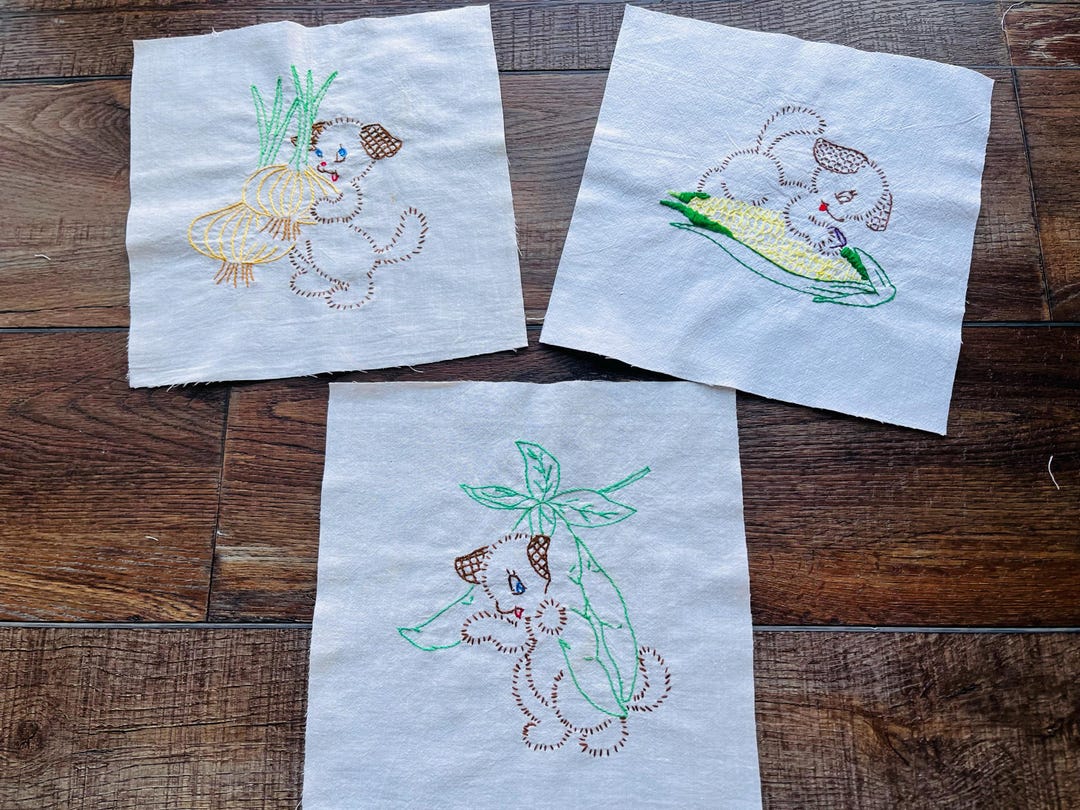 THREE Vintage Embroidered Quilt Blocks, Piece Hand Embroidery Quilting ...