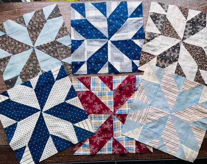 SIX Antique Quilt Top Pieces and Fabric Remnants Bundle, Quilted Cotton ...