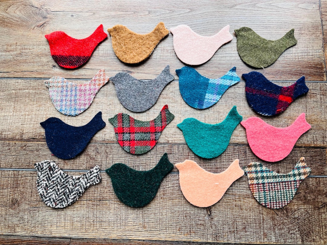 16 Felted Wool Bird Appliques and Wool Felt Fabric Bundle of Appliqués ...